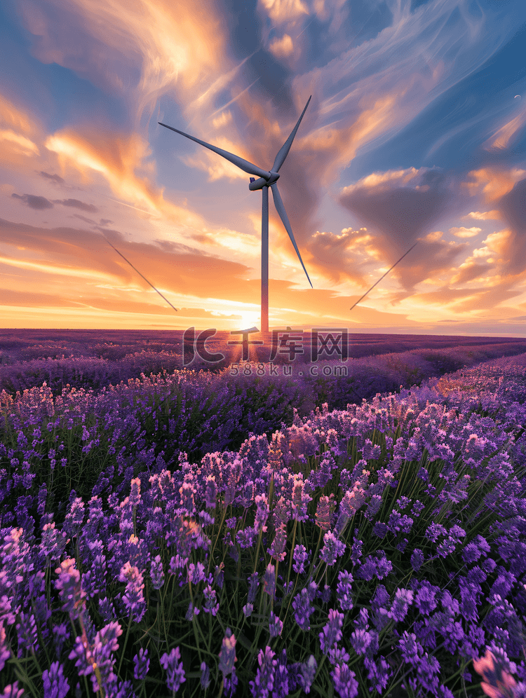 夕阳下在花田里的风力发电机高清摄影大图-千库网