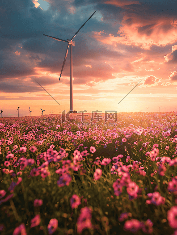 夕阳下在花田里的风力发电机高清摄影大图-千库网