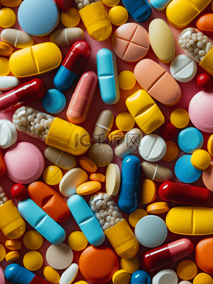 各种颜色彩色的药片和胶囊高清摄影大图-千库网
