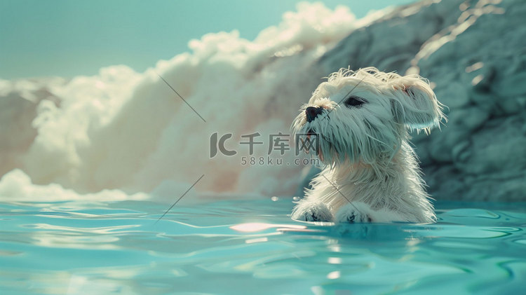 小狗戏水立体描绘摄影照片AIGC高清摄影大图-千库网