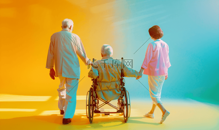 护工照顾老人背影高清摄影大图-千库网