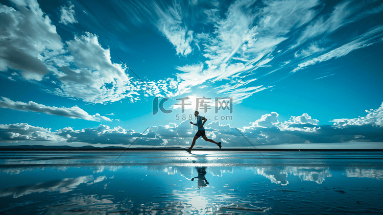 蓝天白云下一个正在跑步的男人高清摄影大图-千库网