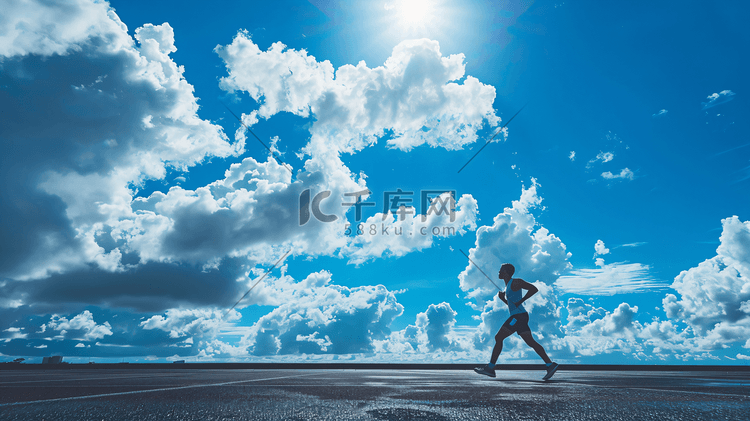 蓝天白云下一个正在跑步的男人高清摄影大图-千库网