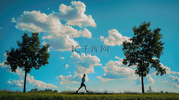 蓝天白云下一个男人正在跑步高清摄影大图-千库网