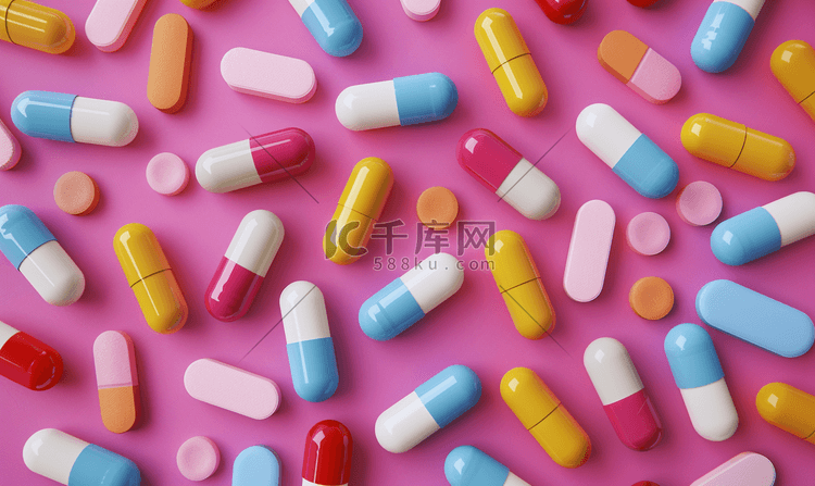 各种颜色彩色的药片和胶囊高清摄影大图-千库网