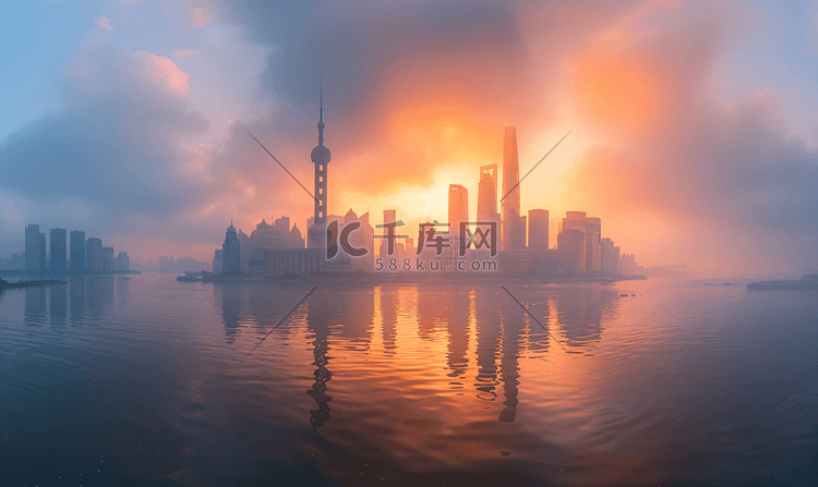 上海黄浦江外滩陆家嘴日出全景图高清摄影大图-千库网