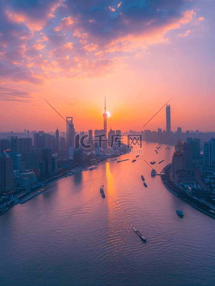 上海黄浦江外滩陆家嘴日出全景图高清摄影大图-千库网