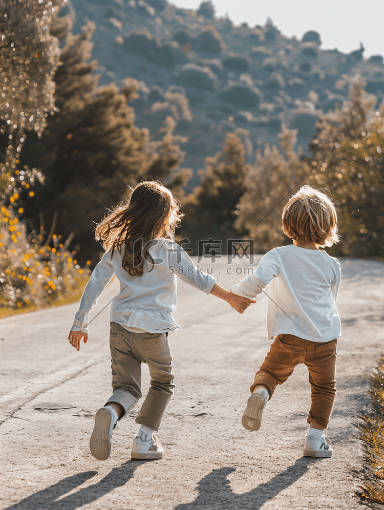 孩子们牵手快乐奔跑的背影高清摄影大图-千库网