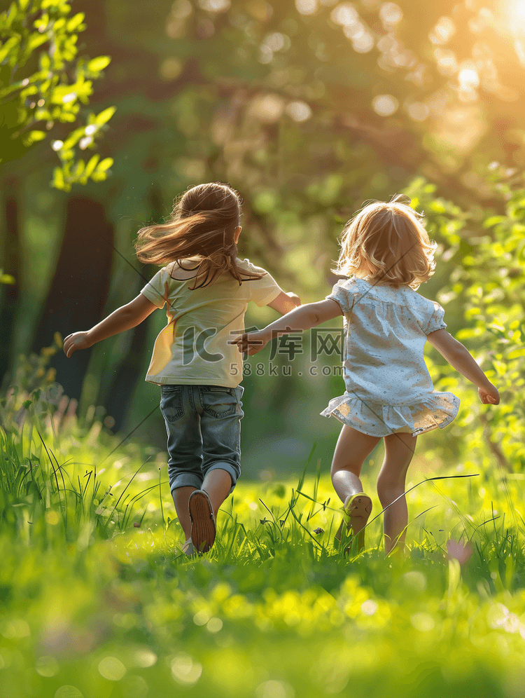 孩子们牵手快乐奔跑的背影高清摄影大图-千库网