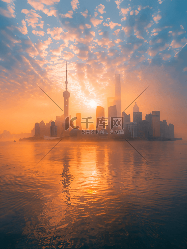 上海黄浦江外滩陆家嘴日出全景图高清摄影大图-千库网
