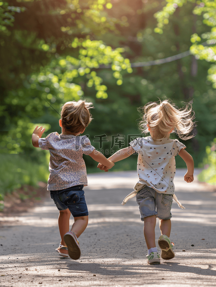 孩子们牵手快乐奔跑的背影高清摄影大图-千库网