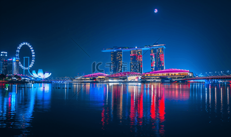 新加坡金沙湾夜景高清摄影大图-千库网