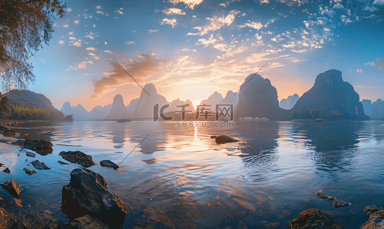 阳朔晚霞高像素全景接片高清摄影大图-千库网