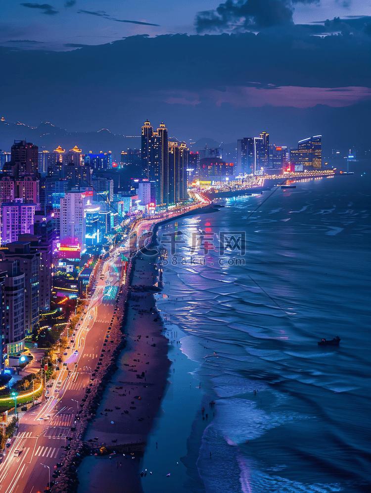 青岛海边城市夜景高清摄影大图-千库网