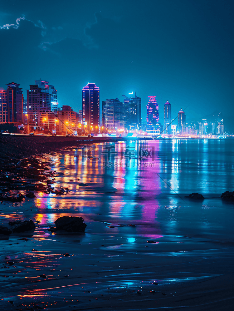 青岛海边城市夜景高清摄影大图-千库网