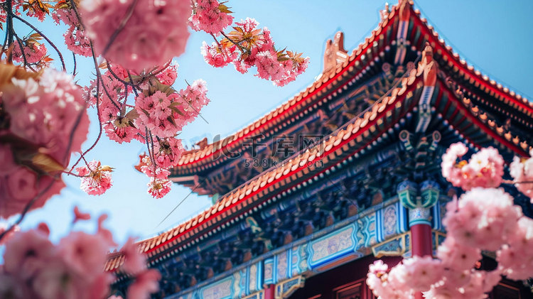 桃花樱花古代建筑立体描绘摄影照片高清摄影大图-千库网