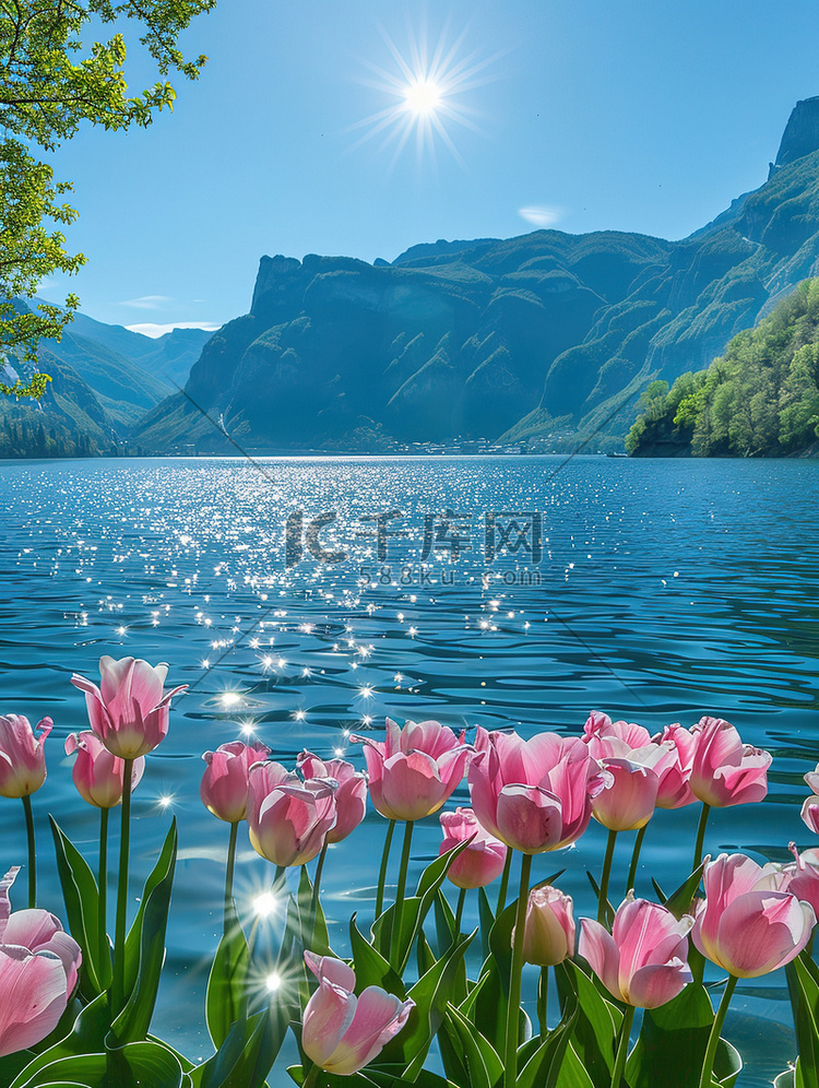青山环绕的湖泊郁金香花开摄影配图高清摄影大图-千库网