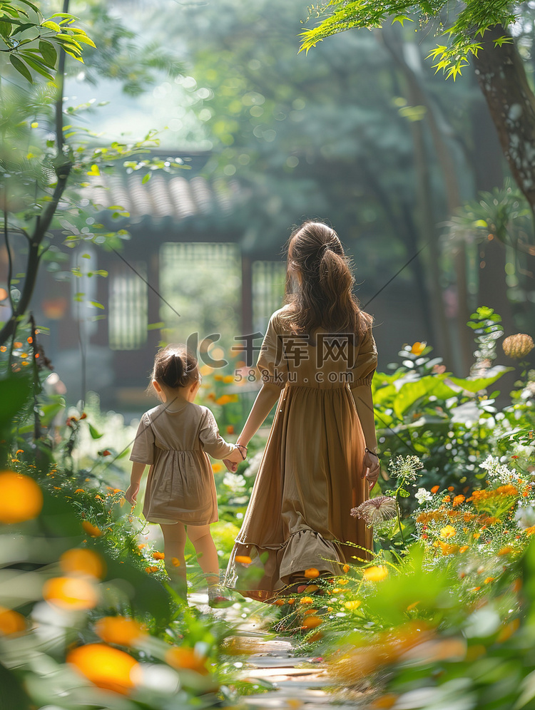 母亲牵着孩子的手背影摄影图高清摄影大图-千库网