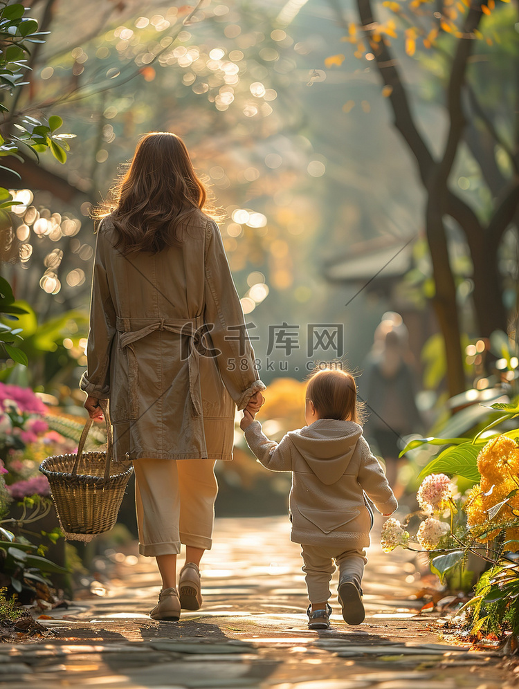 母亲牵着孩子的手背影照片高清摄影大图-千库网