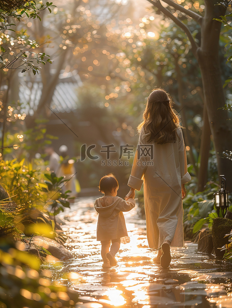母亲牵着孩子的手背影摄影配图高清摄影大图-千库网