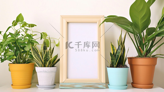 绿植盆栽装饰的木质展示框图片高清摄影大图-千库网