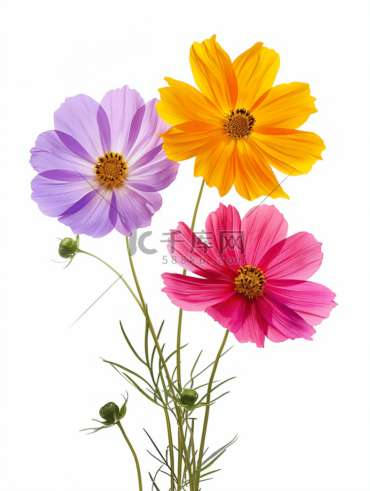 明亮多彩的波斯菊花朵孤立在白色背景高清摄影大图-千库网