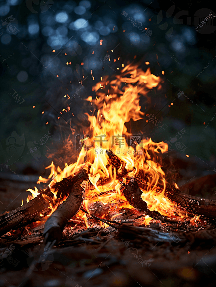 夜间黑暗火焰中的篝火燃烧木材露营细节高清摄影大图-千库网