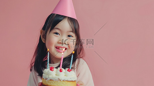 小女孩戴着派对帽拿着蛋糕图片高清摄影大图-千库网