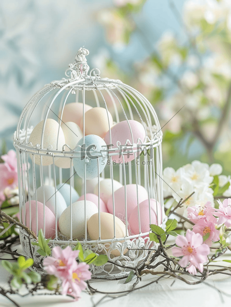 白色装饰鸟笼中的复活节彩蛋户外装饰高清摄影大图-千库网