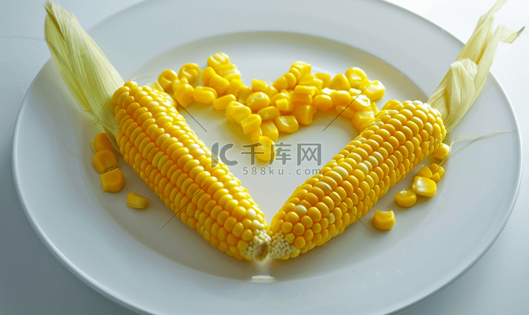 白盘上心形甜玉米的特写高清摄影大图-千库网