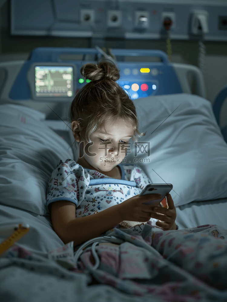 住院的小女孩玩手机高清摄影大图-千库网