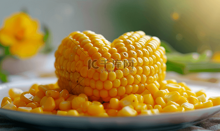 白盘上心形甜玉米的特写高清摄影大图-千库网