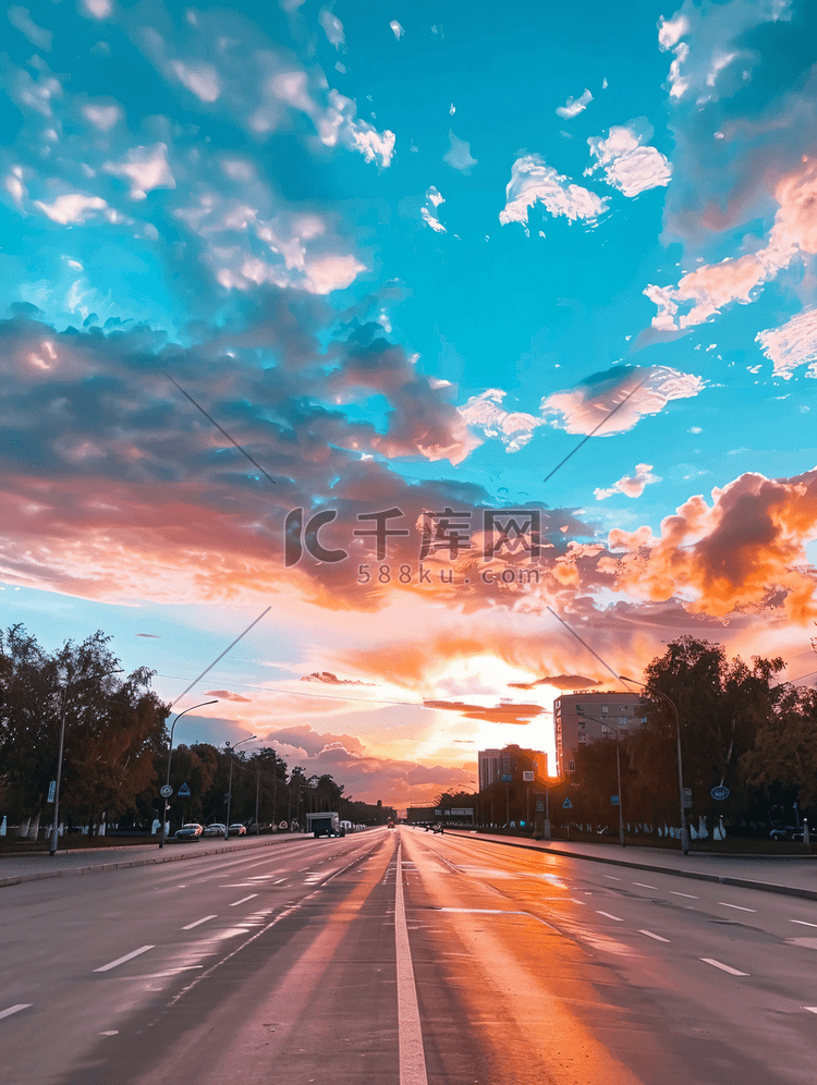 日落前道路景观蓝色、红色、粉红色的夜空美丽的云彩高清摄影大图-千库网