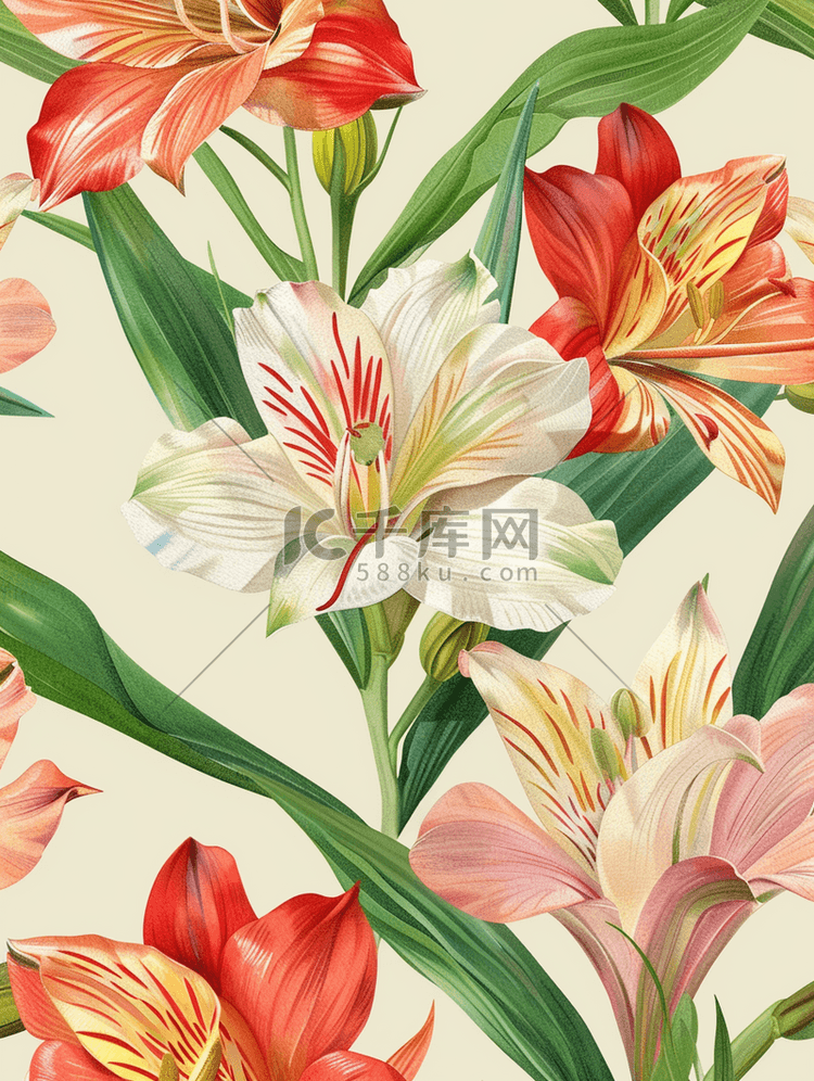 水彩朱顶红和六出花无缝图案高清摄影大图-千库网