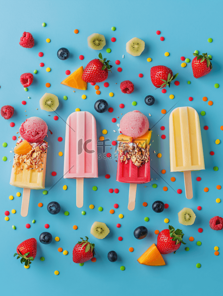 蓝色背景中冰棒冰淇淋形式的水果味慕斯甜点高清摄影大图-千库网