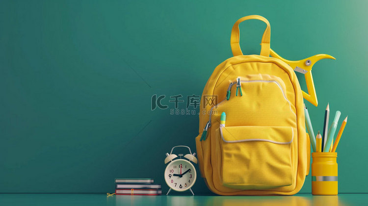 黄色书包闹钟合成创意背景图片免费下载-千库网