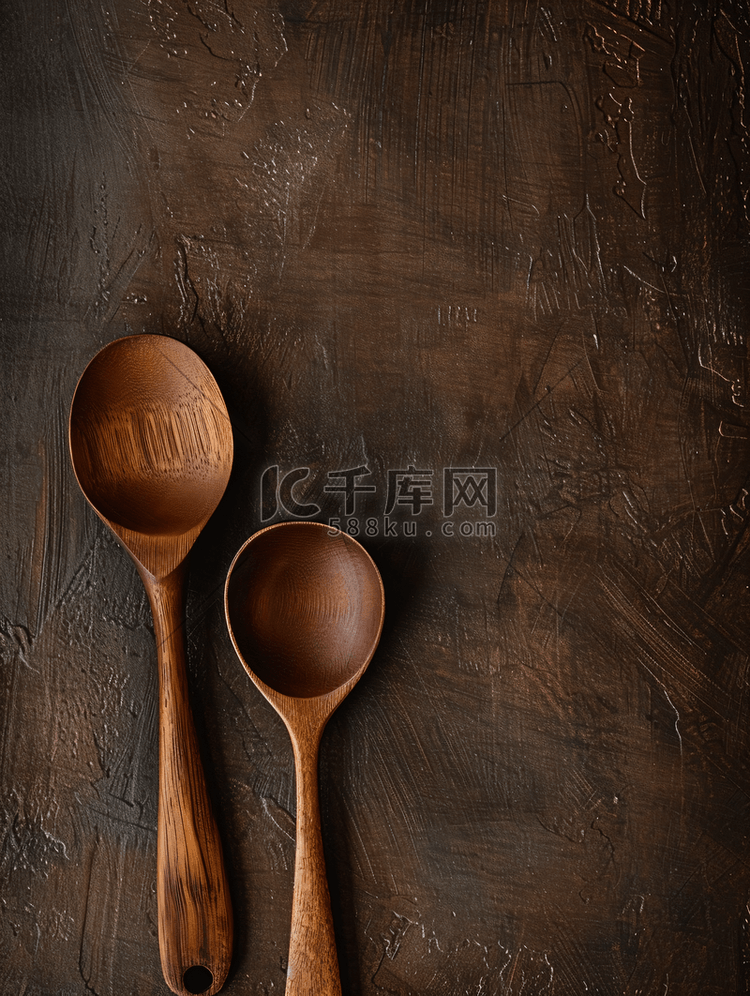 深棕色背景中的木勺侧视图高清摄影大图-千库网
