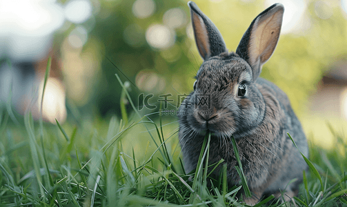 灰色和黑色的小兔子吃草特写高清摄影大图-千库网