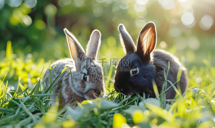 灰色和黑色的小兔子吃草特写高清摄影大图-千库网