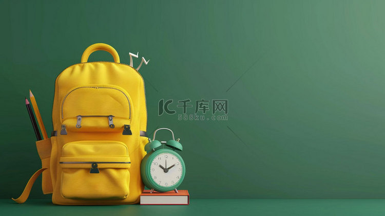 黄色书包闹钟合成创意背景图片免费下载-千库网