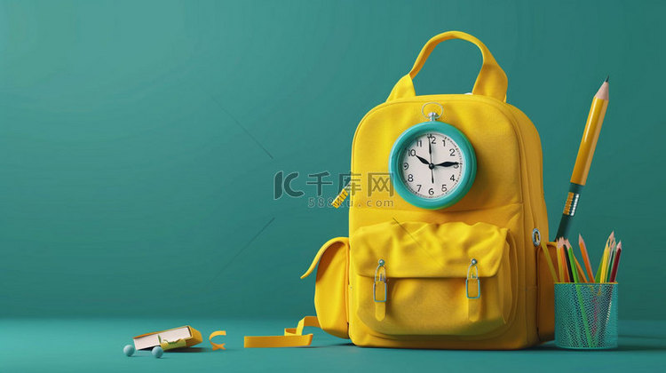 黄色书包闹钟合成创意背景图片免费下载-千库网