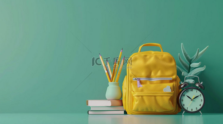 黄色书包闹钟合成创意背景图片免费下载-千库网