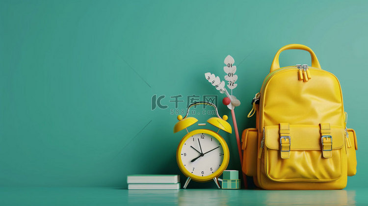 黄色书包闹钟合成创意背景图片免费下载-千库网