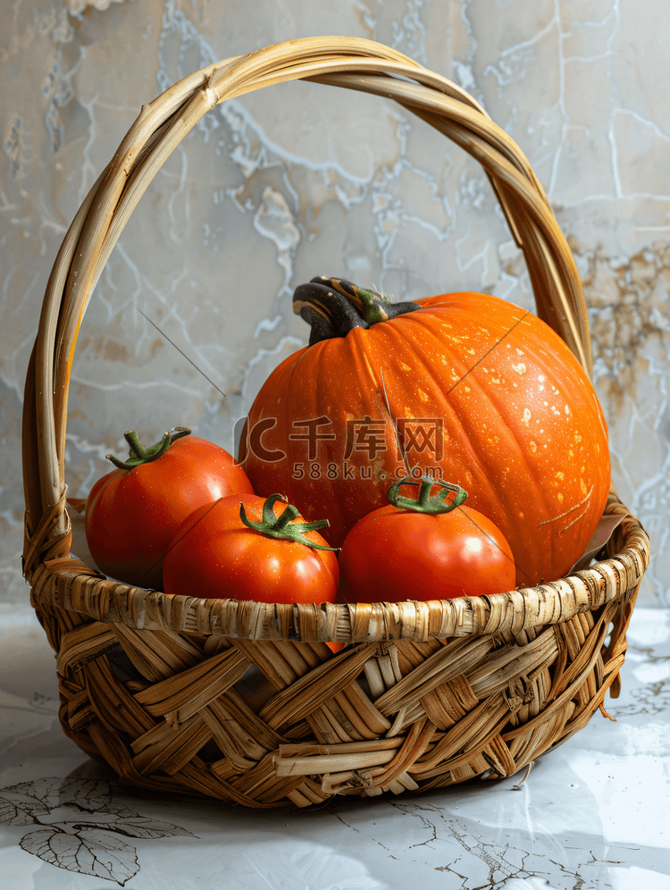 新鲜的西红柿和南瓜放在竹叶制成的篮子里高清摄影大图-千库网