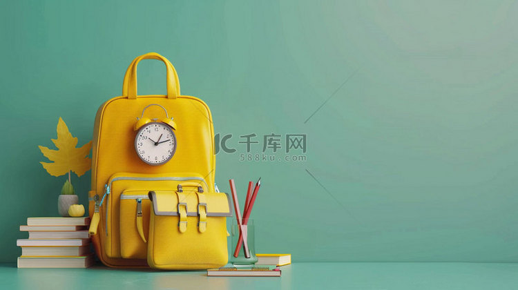 黄色书包闹钟合成创意背景图片免费下载-千库网