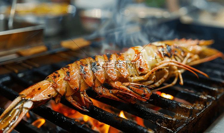 烤大河虾在炉子上的木炭上烤高清摄影大图-千库网