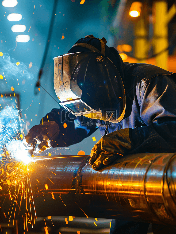 焊工在排气管上焊接消音器高清摄影大图-千库网