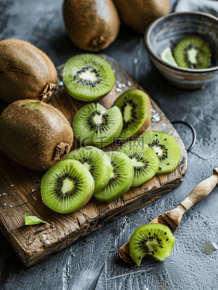 在木板上将绿色猕猴桃切成片高清摄影大图-千库网