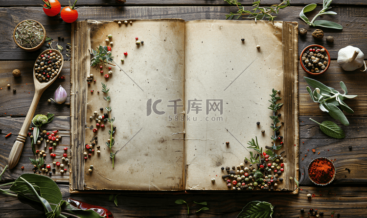 香草、香料、勺子和书的顶视图木桌上有复印空间高清摄影大图-千库网