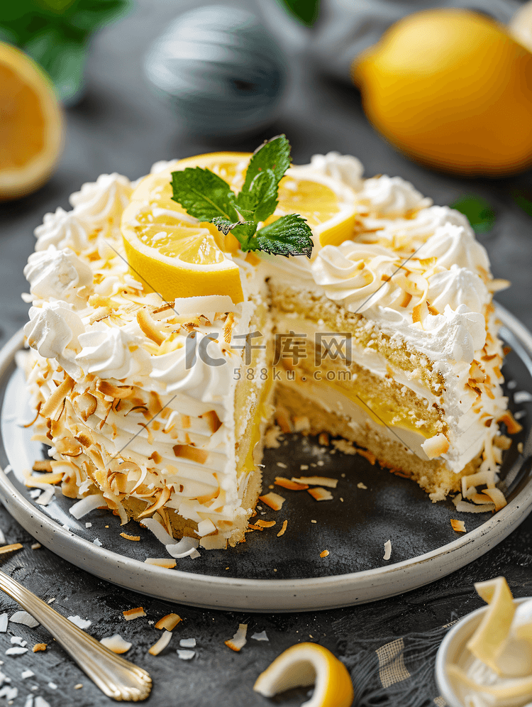 柠檬蛋糕配椰子片和白奶油香草假日甜点高清摄影大图-千库网